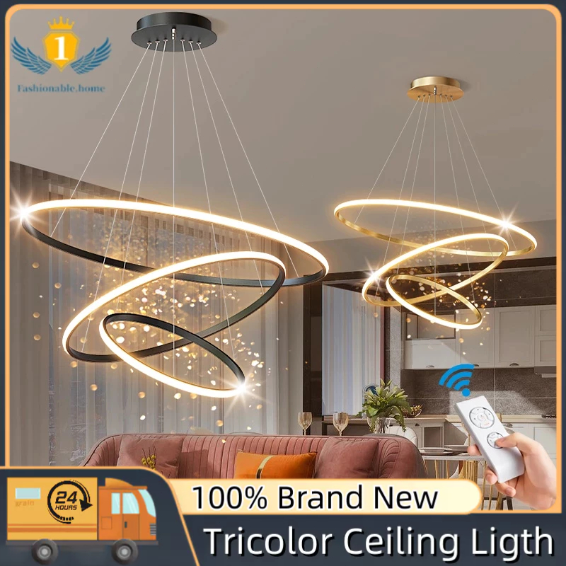3 Ring LED Restaurant Pendant Light Tricolor Remote Control Ceiling ...