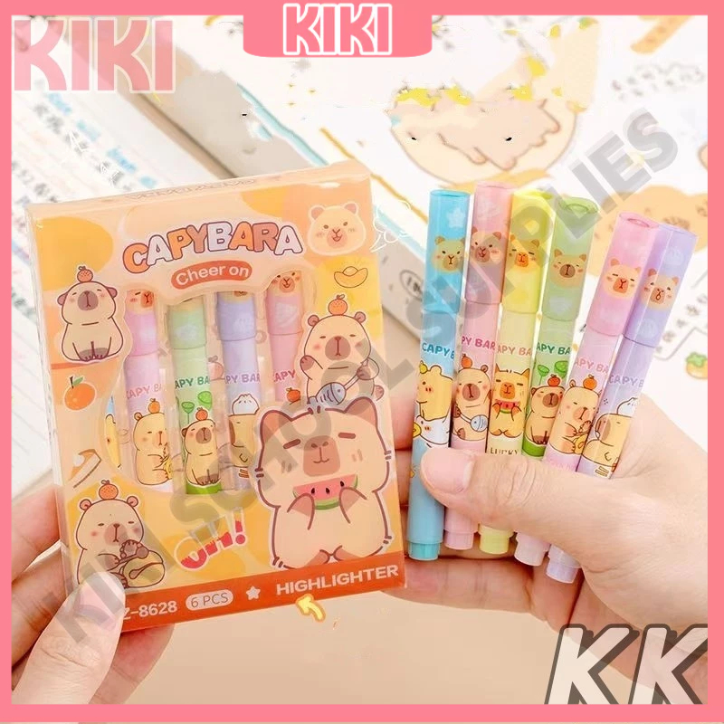 KK 6Pcs/Set Cute Capybara Cartoon Fluorescent Highlighter Pen Drawing ...