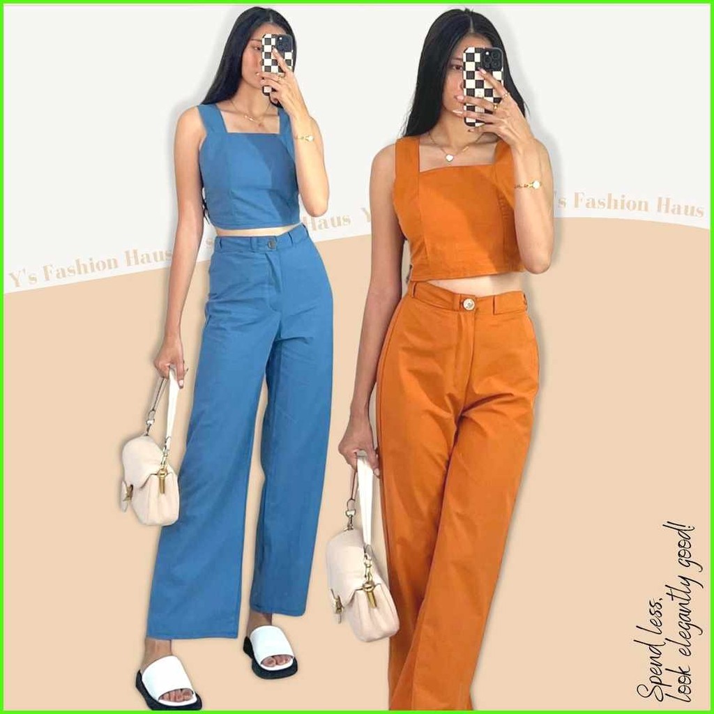 LUNA)Jv{Cropped;k[Linen,kK[Square,yE[Neck,ot[Top,mJ[and,yv[Wide,BZ[Leg Button Zipper Trouser ...