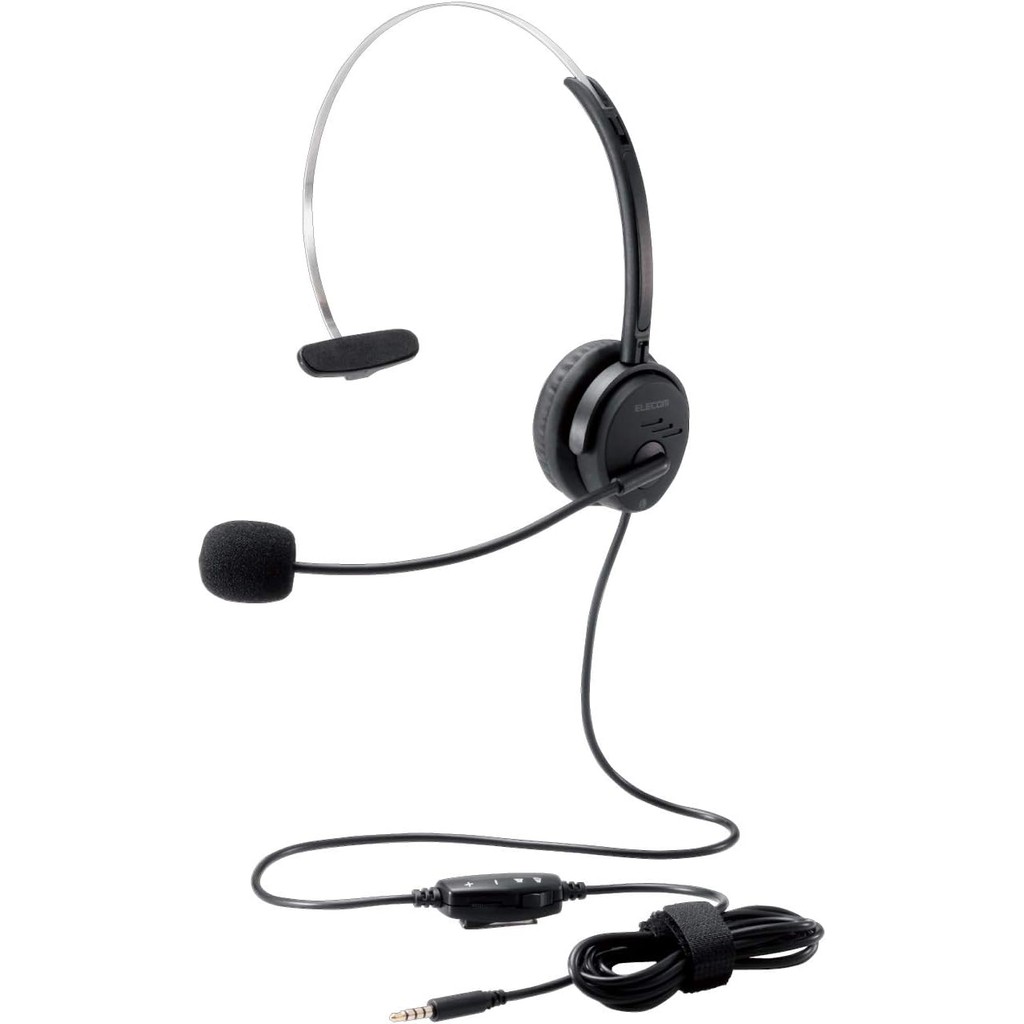Elecom HS-HP29TBK Headset, 4 Pole Mini Plug, Overhead, Wired Single Ear ...