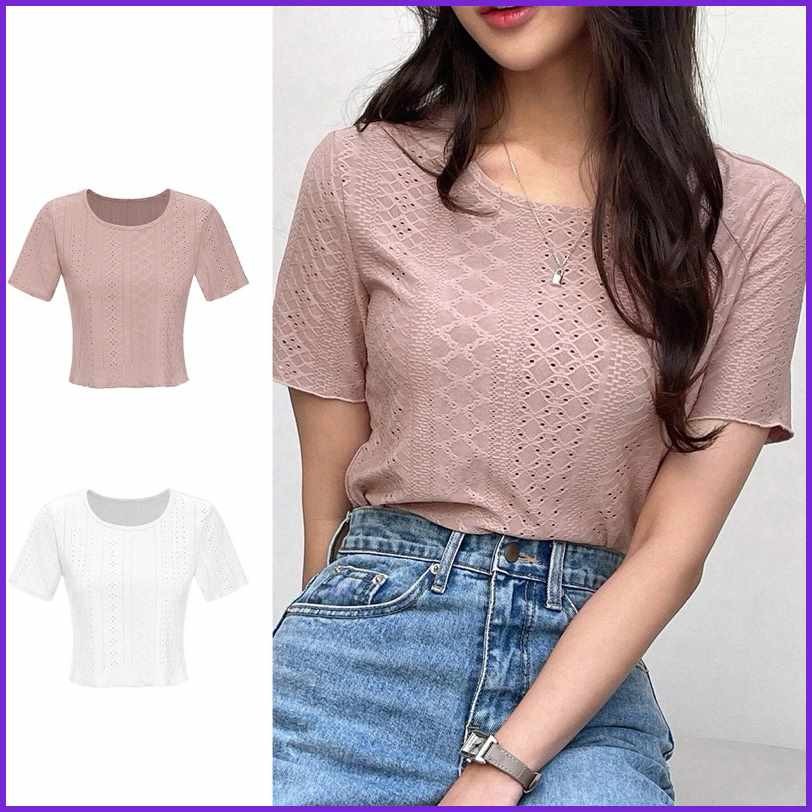 Melody_I@Eyelet;xL/Round>So)Neck}mv)Daily}An)Basic}kn)Blouse}BL)11365# | Shopee Philippines