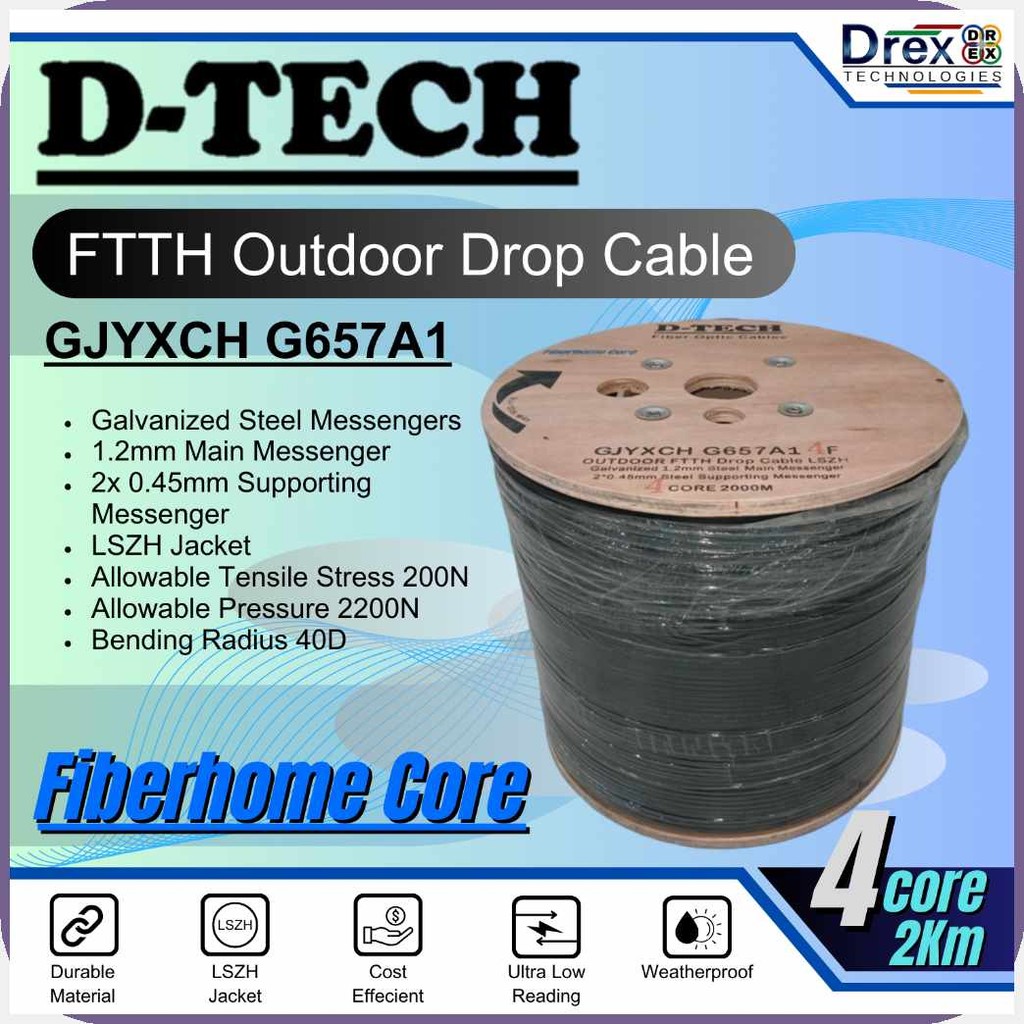 D-Tech.EJ.FTTH+DX>Fiber#WD]Drop.af]Cable.Wk]4Core.aX]2KM.Xw]G657A1.Qc]- with 3-Steel 1.2MM ...