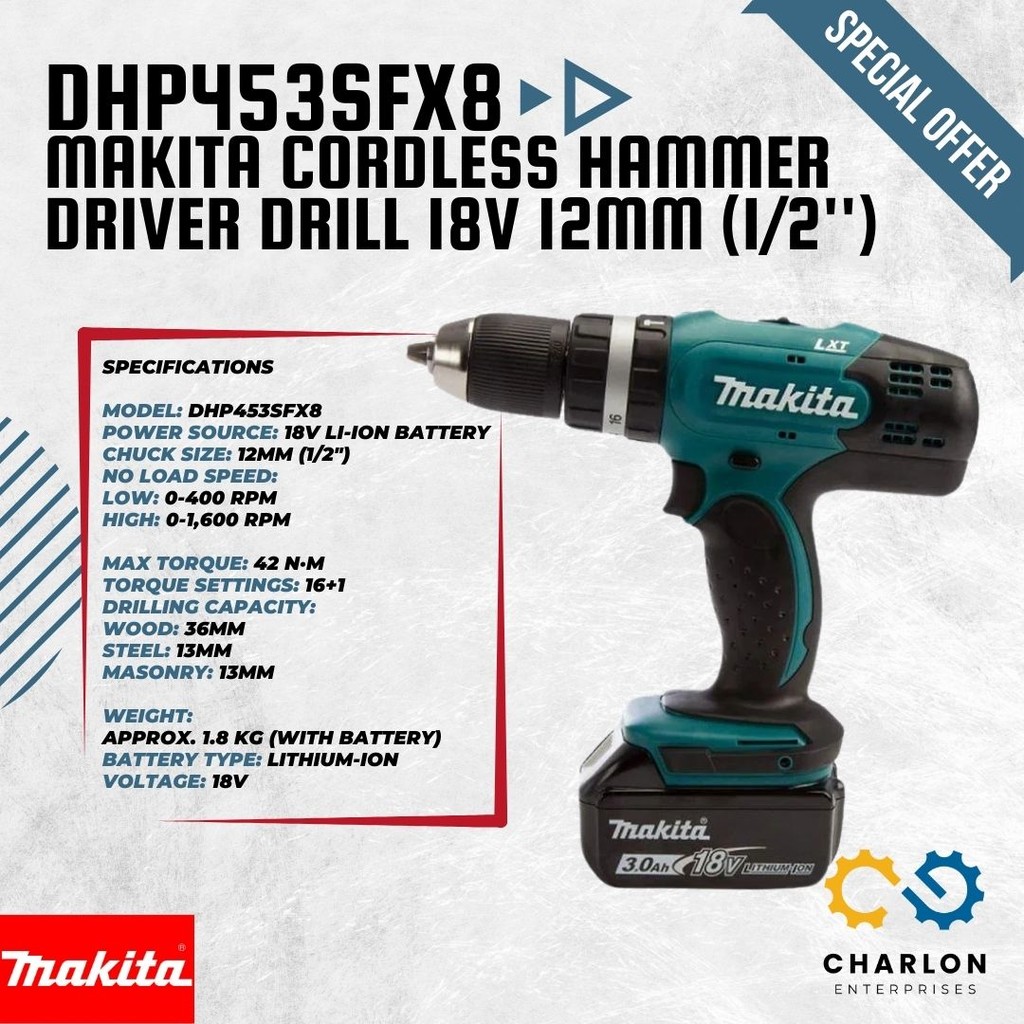 Makita DHP453SFX8 Cordless Hammer Driver Drill 1/2" (12mm) 18V | Shopee ...