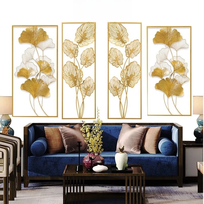 85*30 Metal Wall Decor With Square Frame Leaf Wall Artwork Decor Golden ...