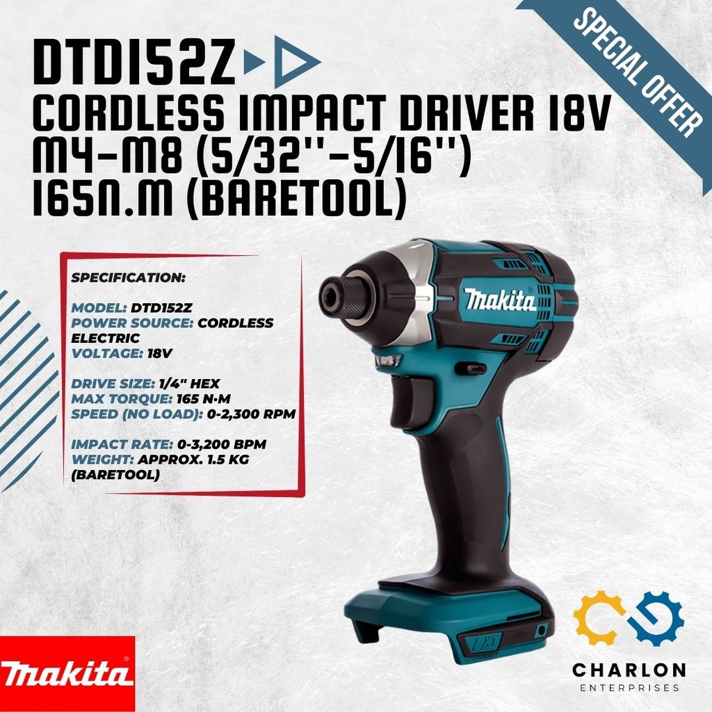 Makita DTD152Z Cordless Impact Driver 18V M4–M8 (5/32"–5/16") 165N·m ...