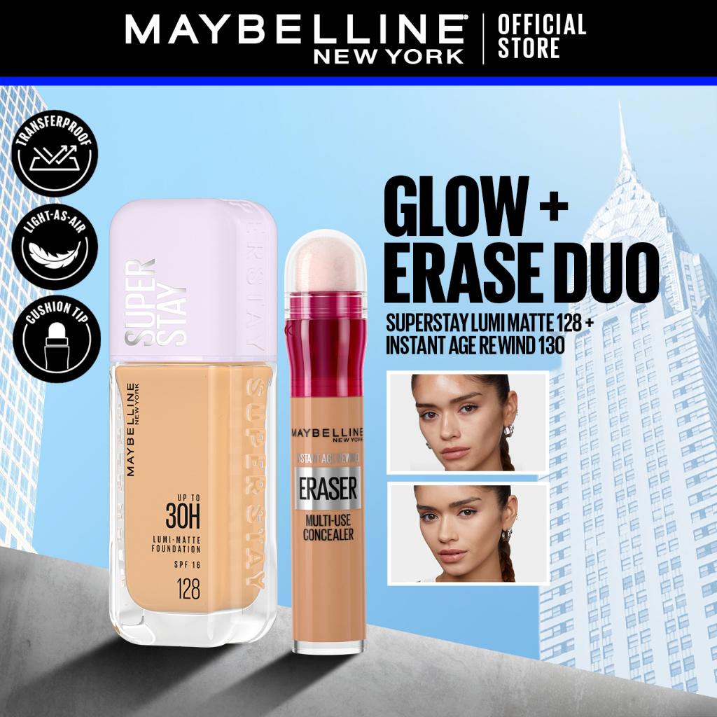 Maybelline Glow Erase Duo Instant Eraser Erases All Eyebags 130 + Lumi Matte 30H Longwear 128 ...