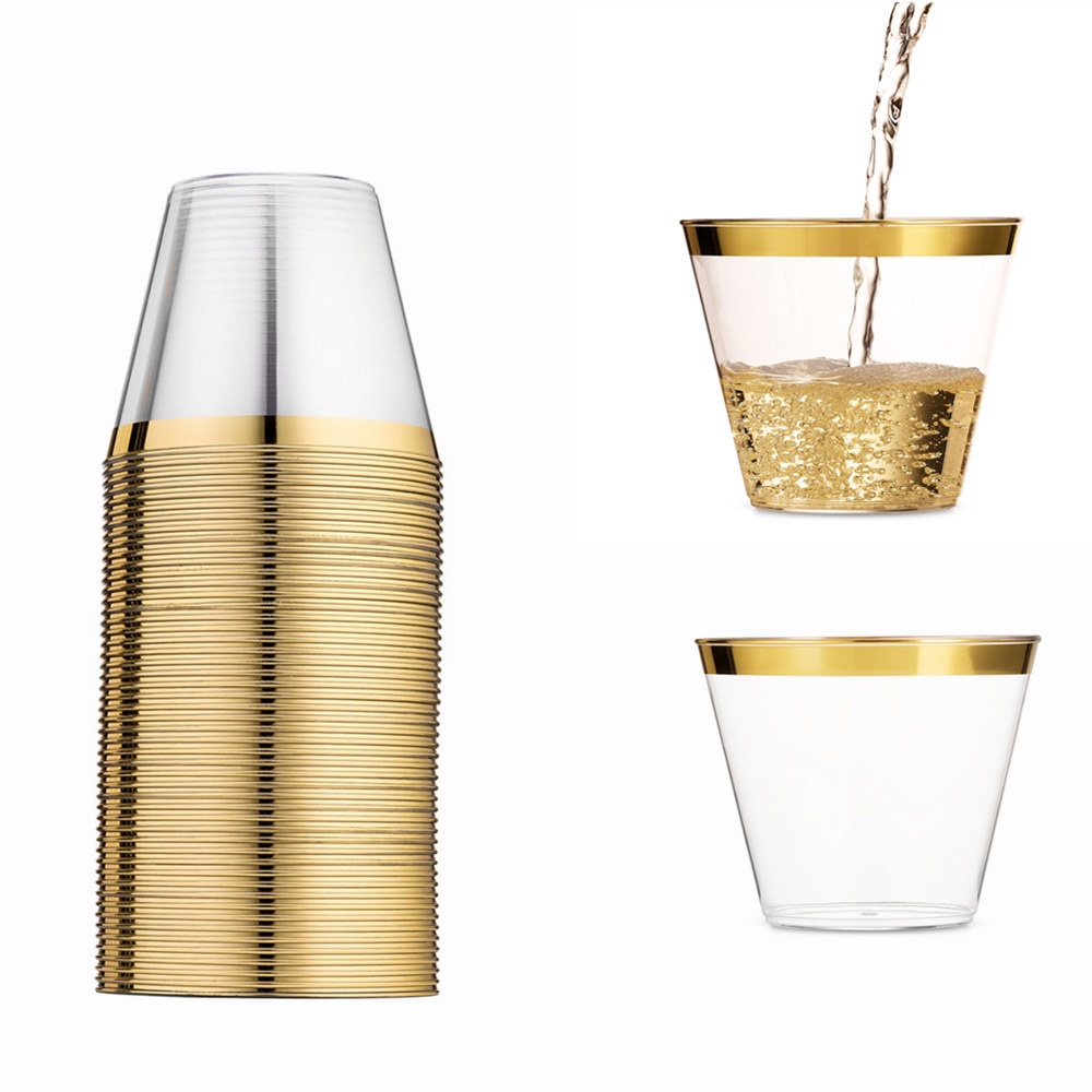 40pcs Gold Plastic Cups 9 Oz Clear Old Fashioned Tumblers Rimmed Fancy ...