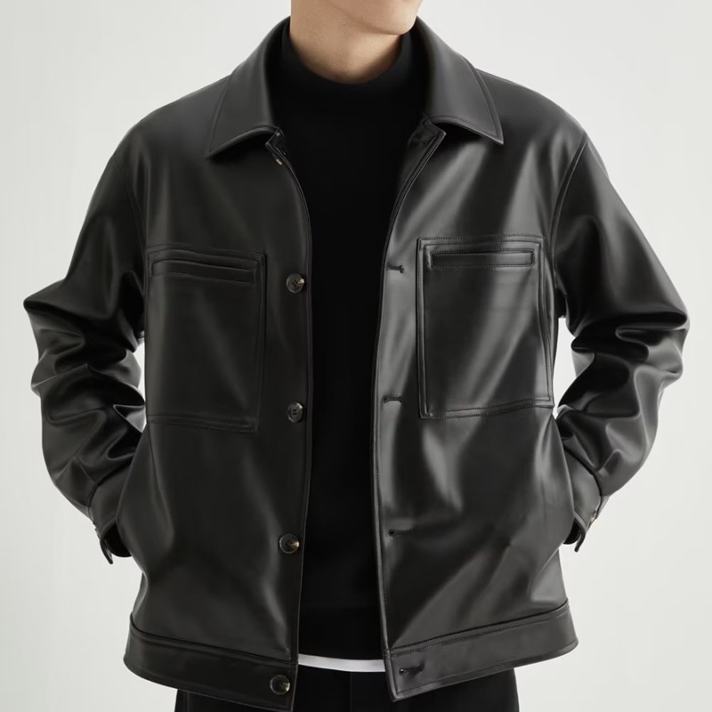 Men Leather Jacket Lapel Casual Short American Style New | Shopee ...