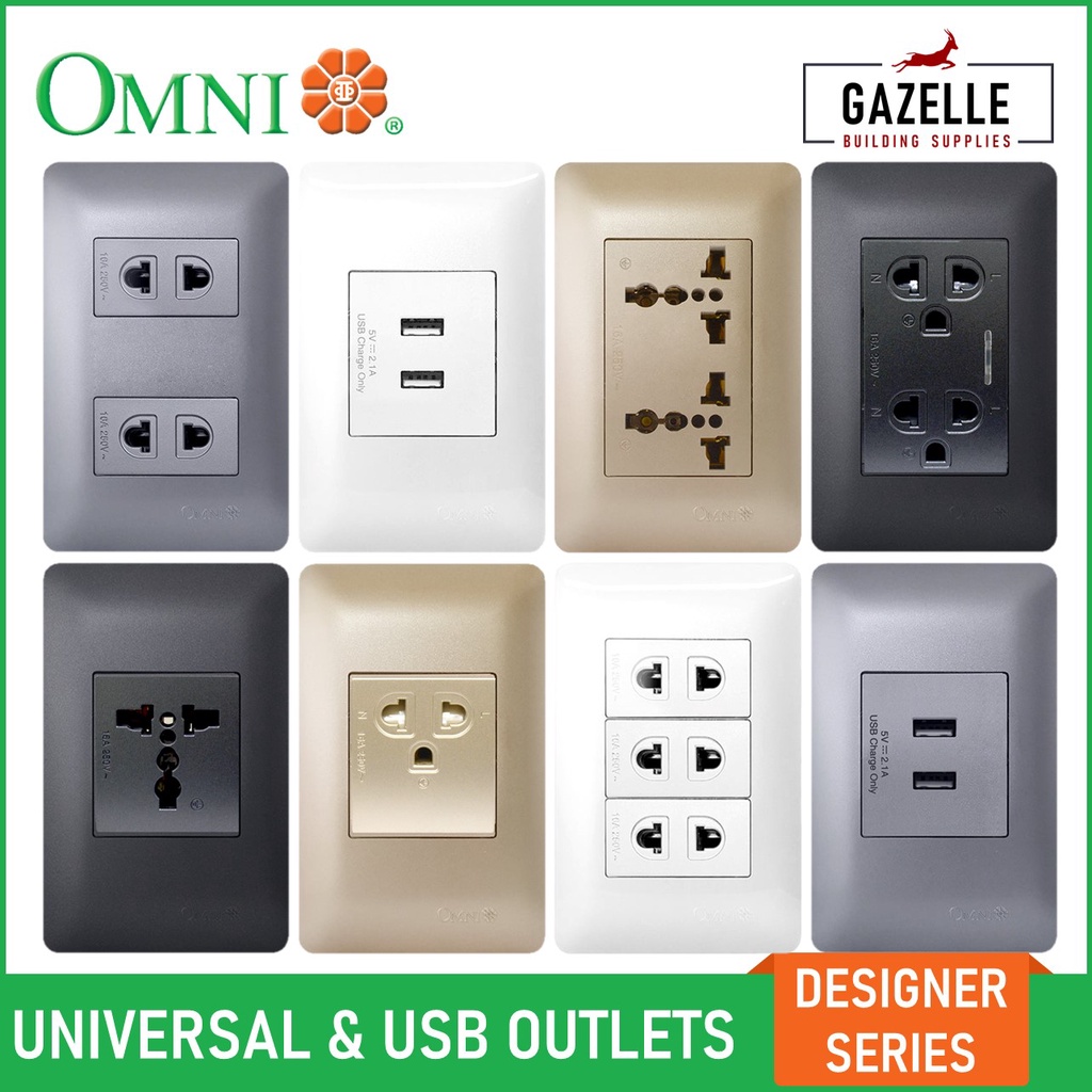 Omni Designer Series Universal & USB Outlets 16A 1 / 2 / 3 Gang Ivory / Brass / Graphite ...