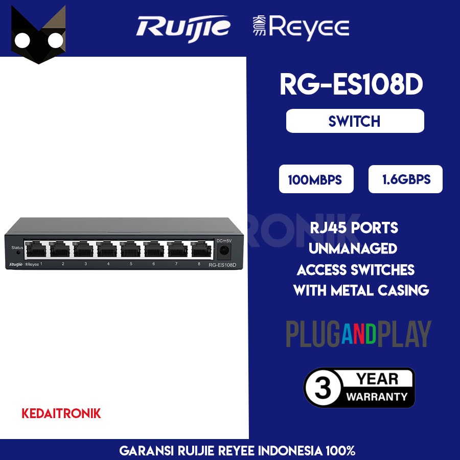 RUijie Reye RG-ES108D Switch HUb 8-Port 10/100 Mbps Metal Case | Shopee ...