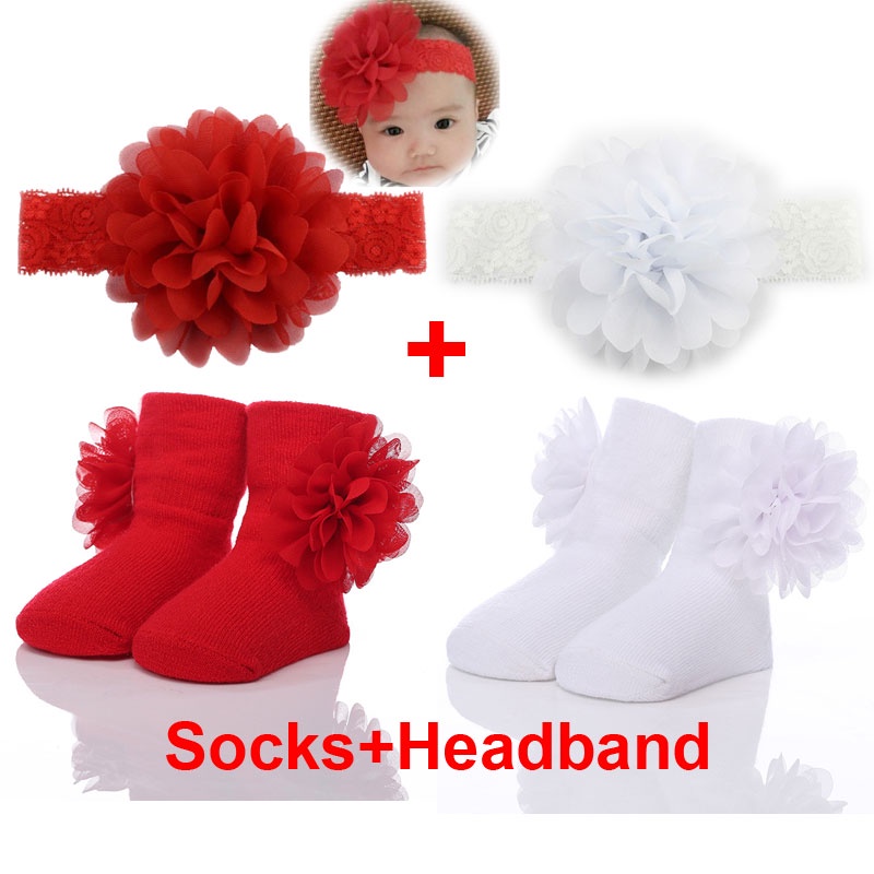 0-12 Month Newborn Baby Socks with Flower Headband White Christening ...
