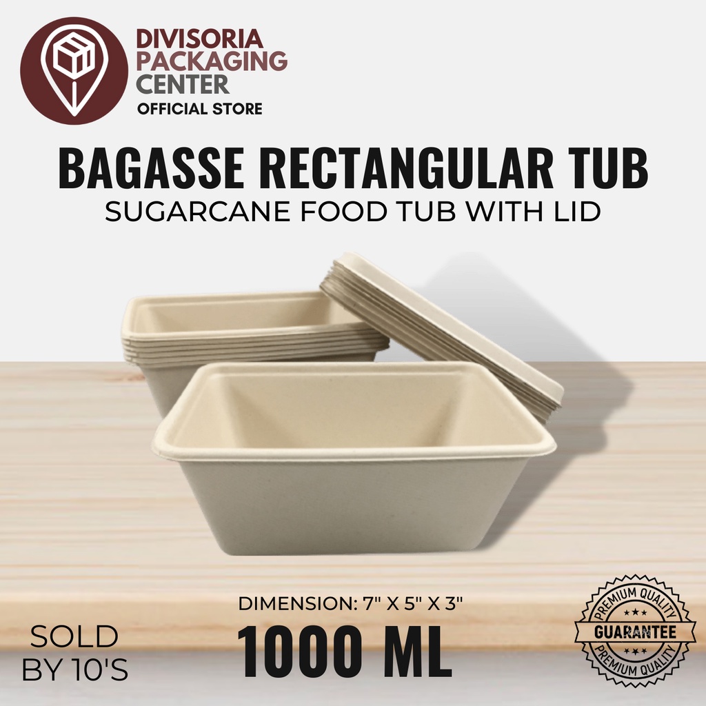 (10pcs) 1000ml Bagasse Sugarcane Rectangular Tub w/ lid Takeout box ...