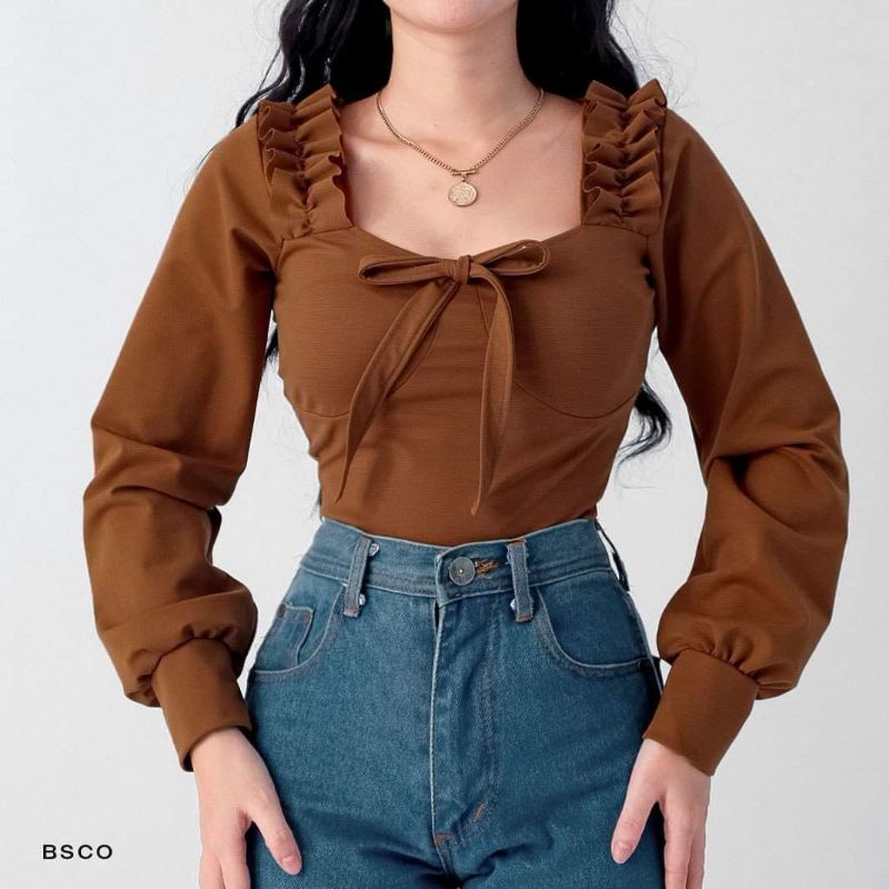 ONHAND BSCO KOREAN STYLE BROWN RIBBON LONGSLEEVE TOP! | Shopee Philippines