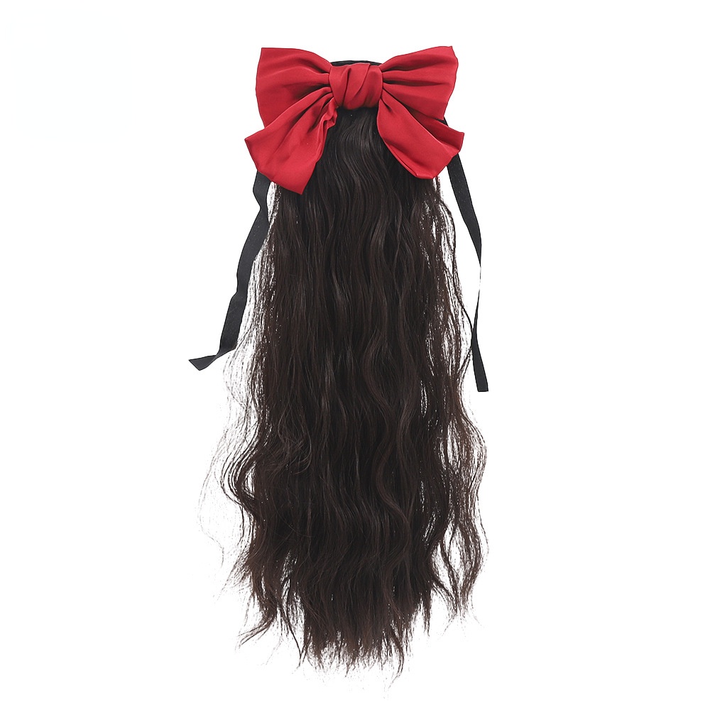 Lace-up bow wig ponytail female water ripple long curly ponytail wig ...