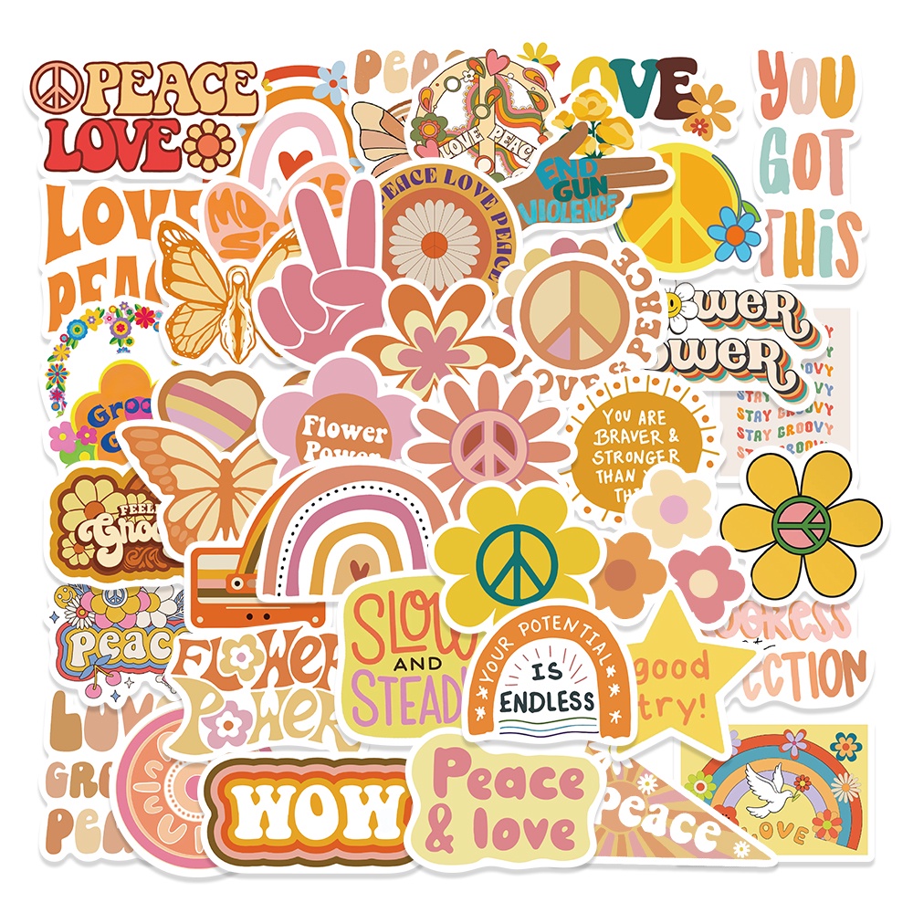 50Pcs Groovy Boho Hippie Vinyl Stickers Rainbow Daisy Butterfly Self ...