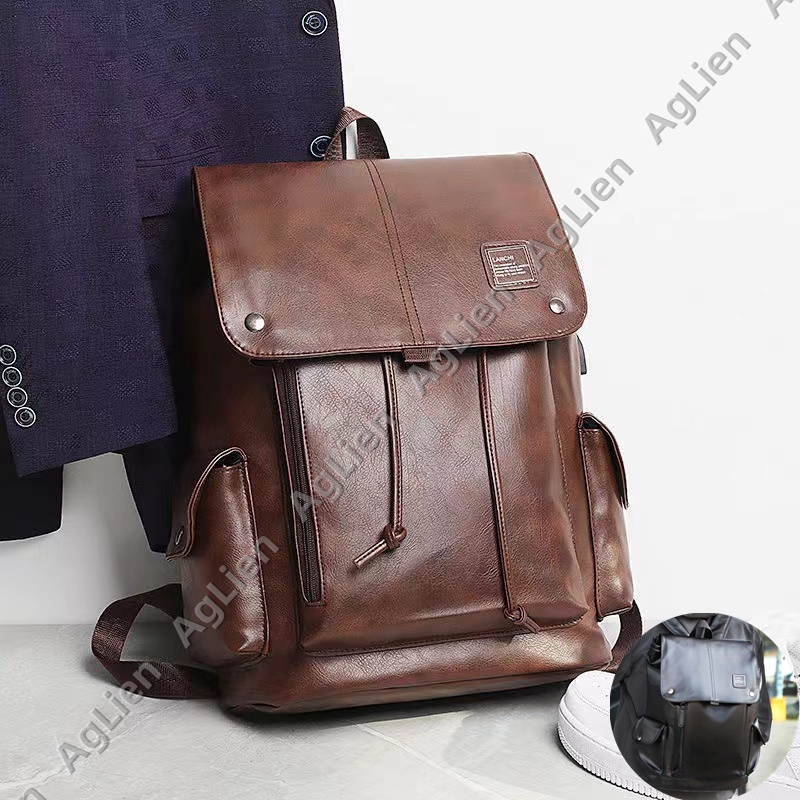 Fashion Man Vintage Retro Backpack PU Leather Mens USB Charger Teenager ...