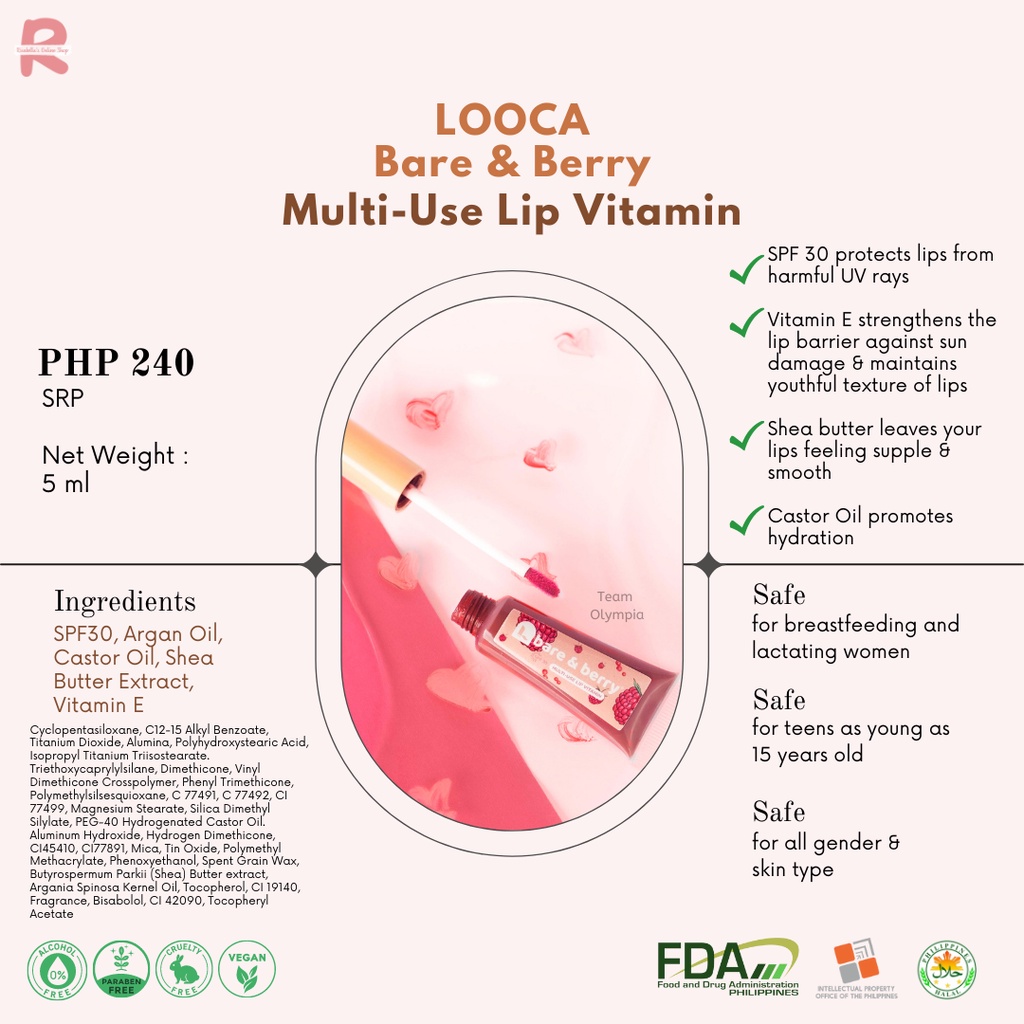 LOOCA Bare & Berry Multi-Use Lip Vitamin with SPF 30 - safe for ...