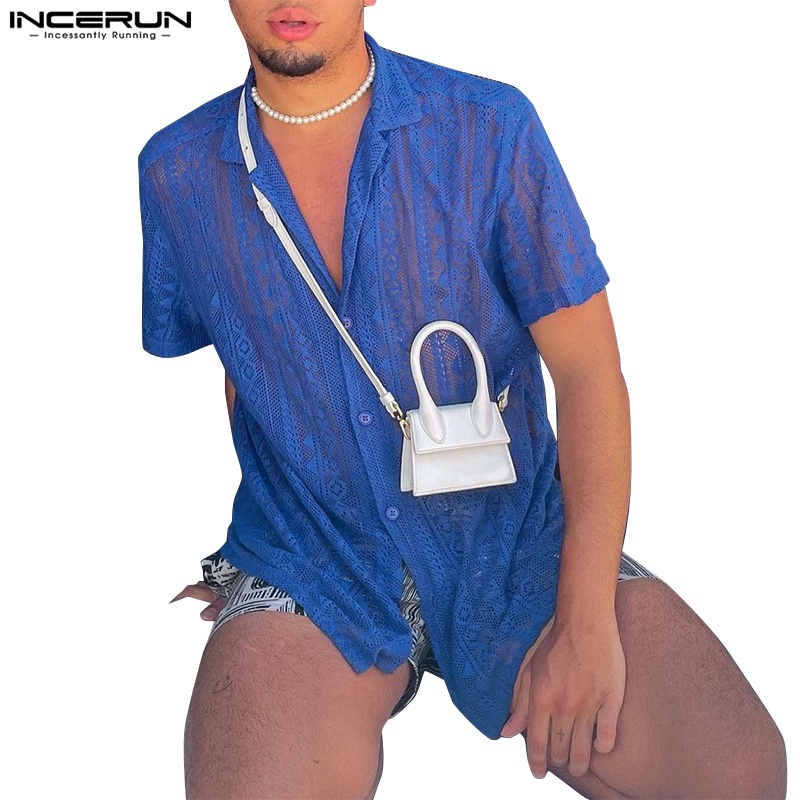 INCERUN Men's Ethnic Short Sleeve Mesh Sheer Floral Casual Party Shirts ...