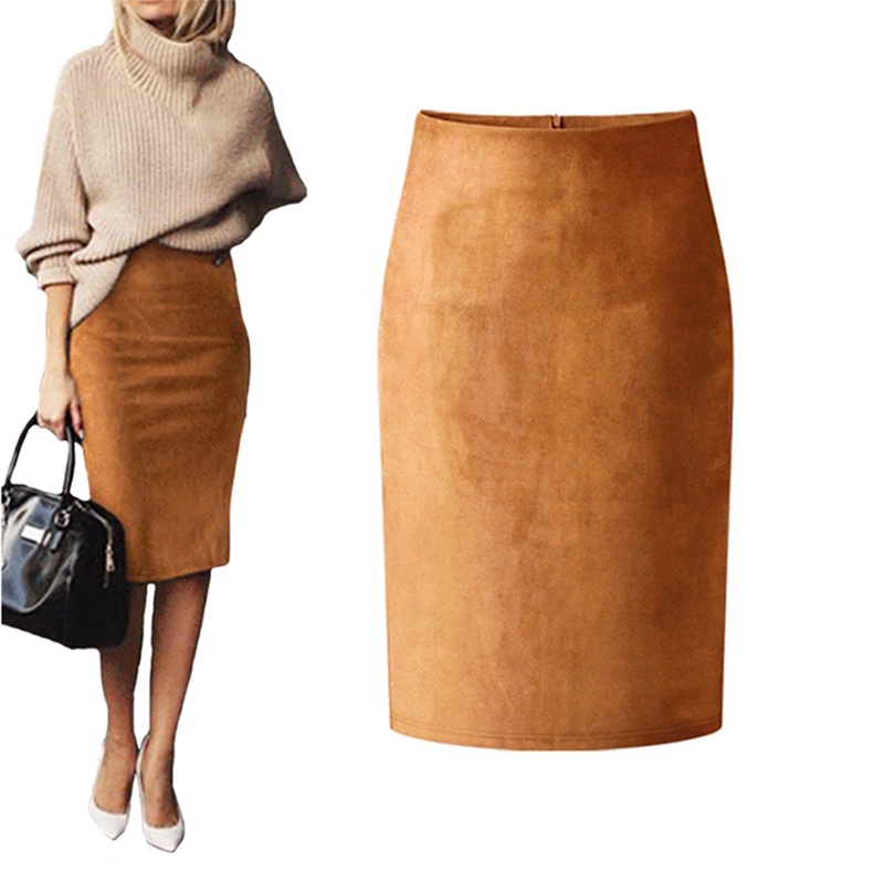 Women Skirts Suede Solid Color Pencil Skirt Female Autumn Winter High
