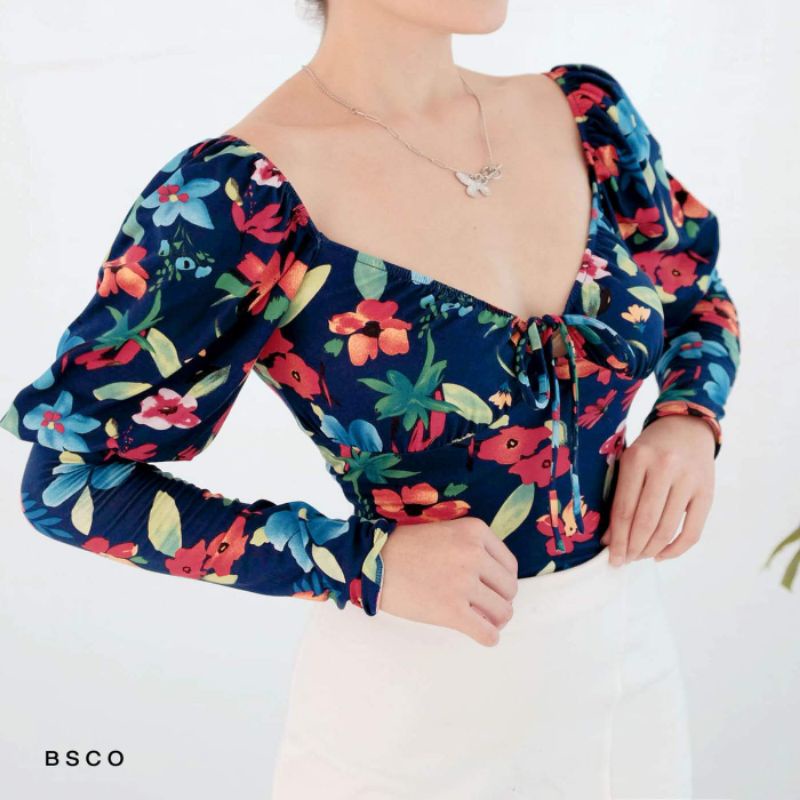 ONHAND BSCO KOREAN STYLE BLUE FLORAL PUFF LONGSLEEVE TOP! | Shopee ...