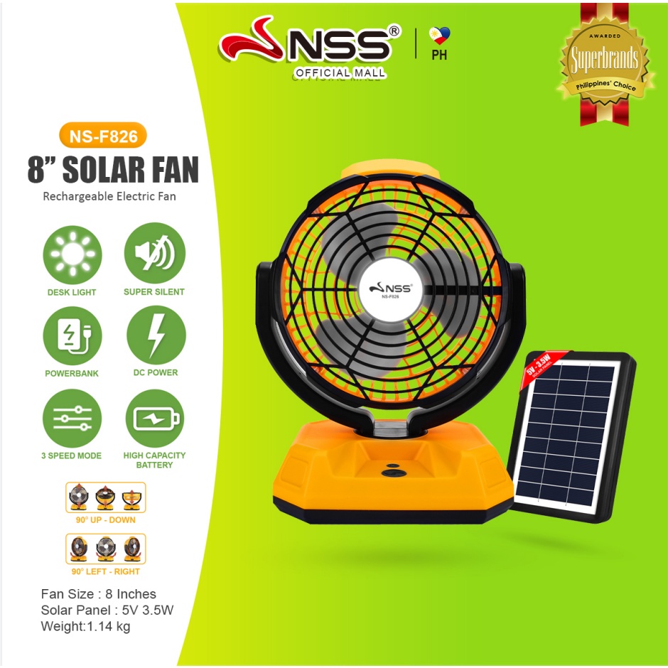 NSS Solar Fan Rechargeable Electric Fan 8 inch Solar Fan with Panel LED ...