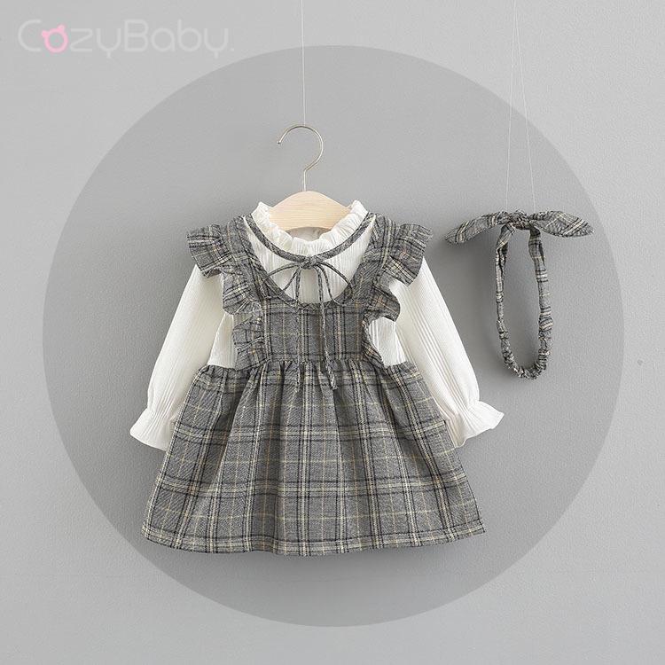 Baby Dress Autumn Long Sleeve Dress + Hairband Elegant Plaid Print ...