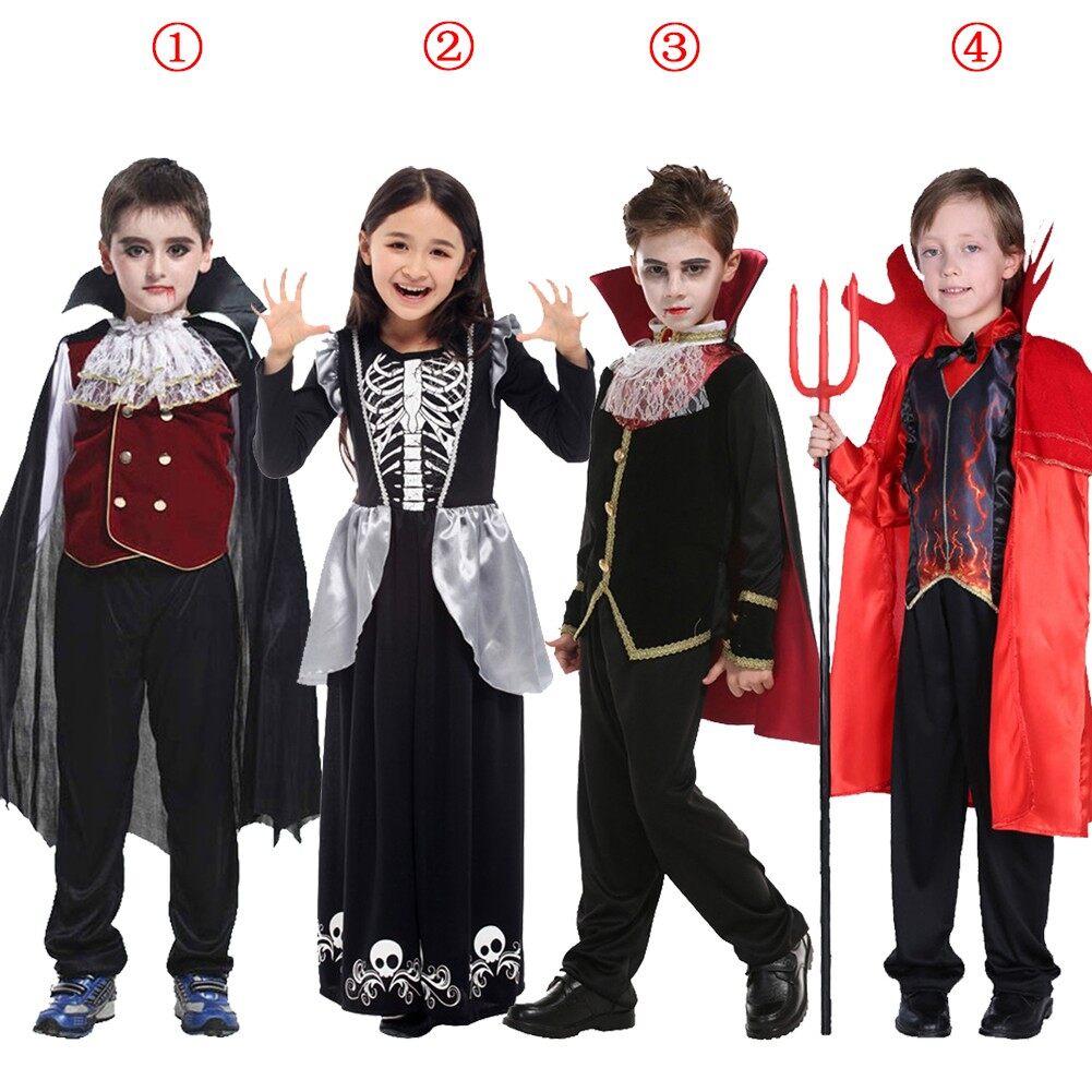 Boys Girls Classic Vampire Skeleton Dress Up Outfit Evil Devil Suit ...