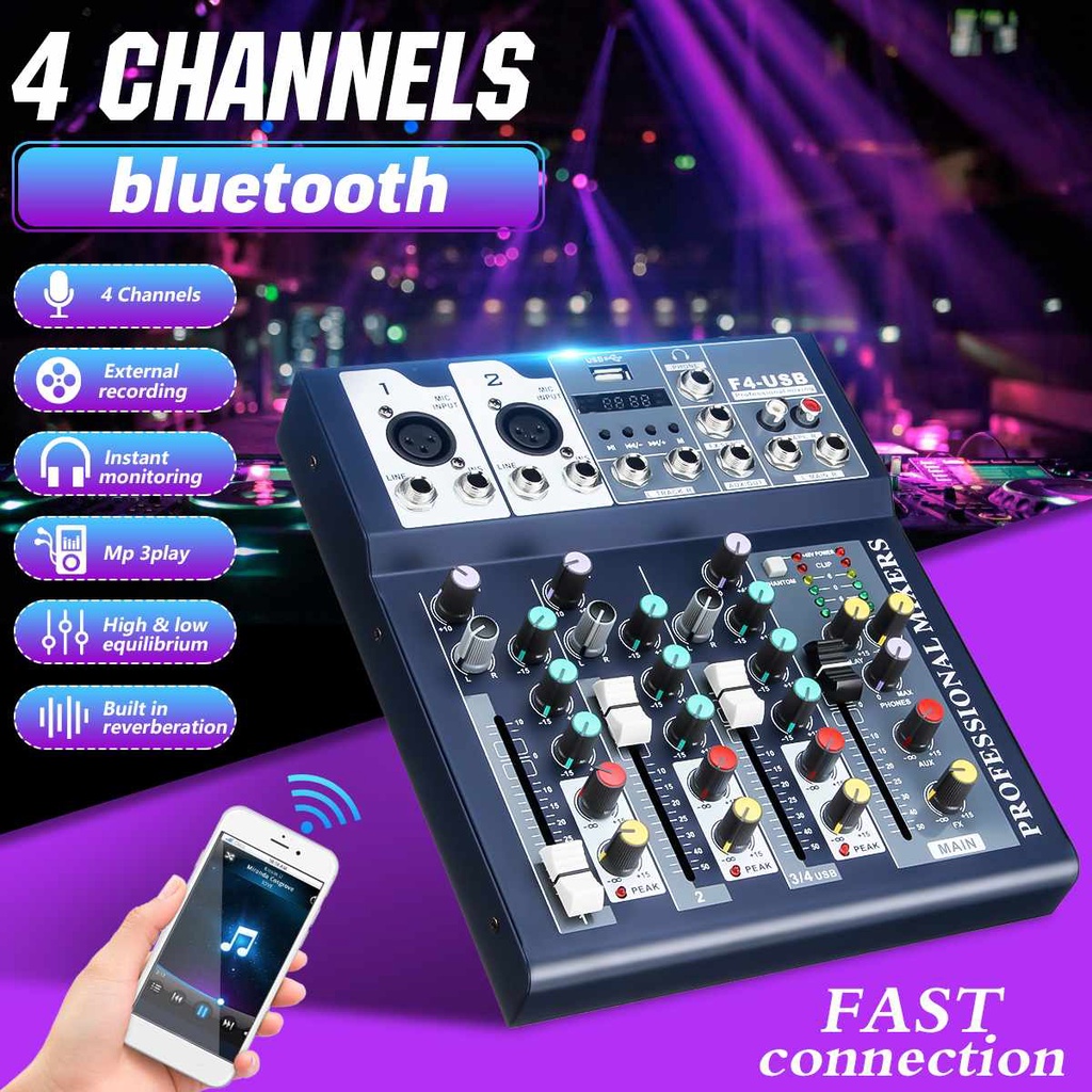 4 Channel USB Bluetooth Audio Mixer with Reverb Effect for Home Karaoke ...