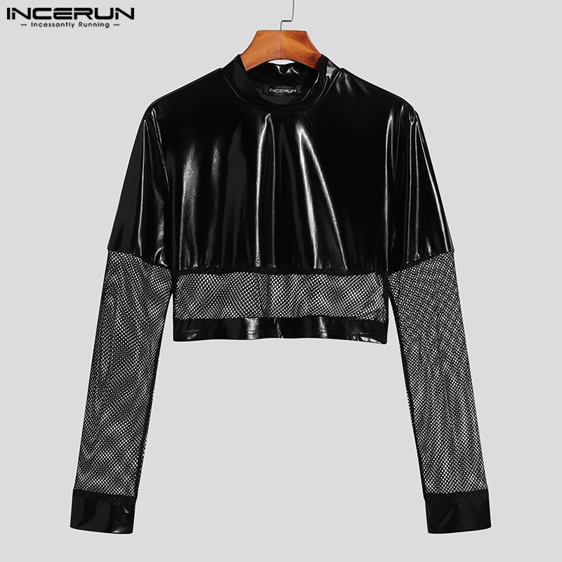 INCERUN Mens Long Sleeve Faux Leather Mesh Fistnet Hippie Punk Crop T ...