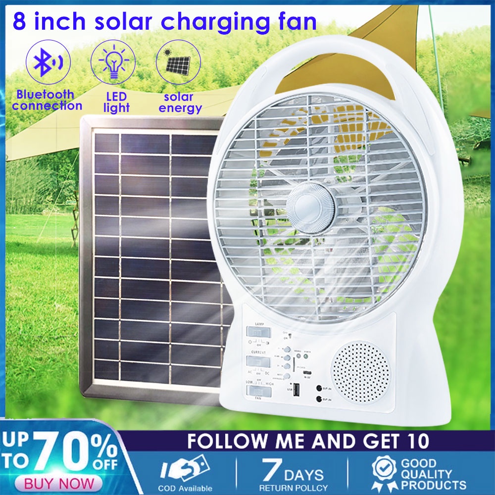 Solar 8" Desk Fan with Built-in Dimmable Emergency Light 12V DC Input ...