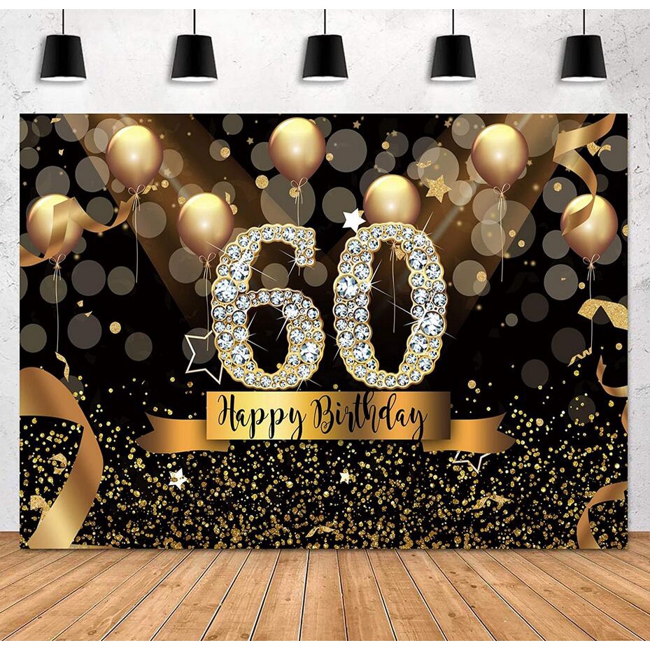 Happy 60th Birthday Backdrop for Adult Party Bokeh Circle Glitter Gold Balloon Photography ...