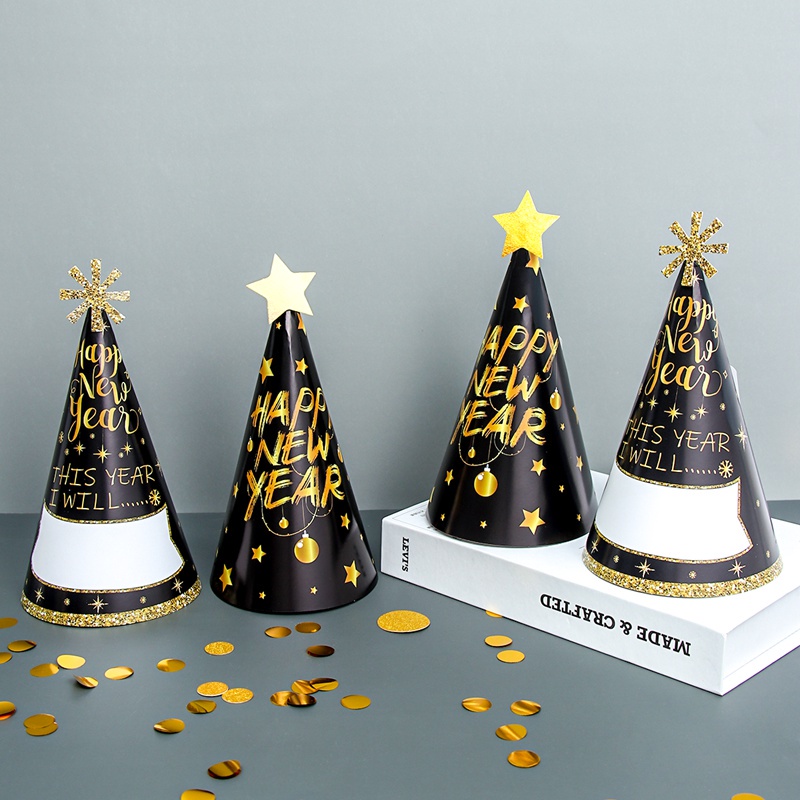 4pcs Happy New Year 2023 Hats Black Gold Paper Color 3D Paper Cap ...