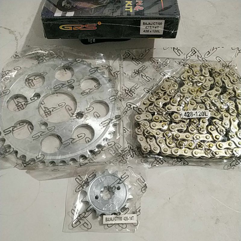 BAJAJ CT100 SPROCKET CHAIN SET 42T/14T 4HOLE no.428x120L "GRS"BRAND ...