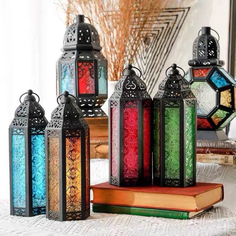 Fea Black Metal Candle Lantern with Colored Glass Windows for Event and ...