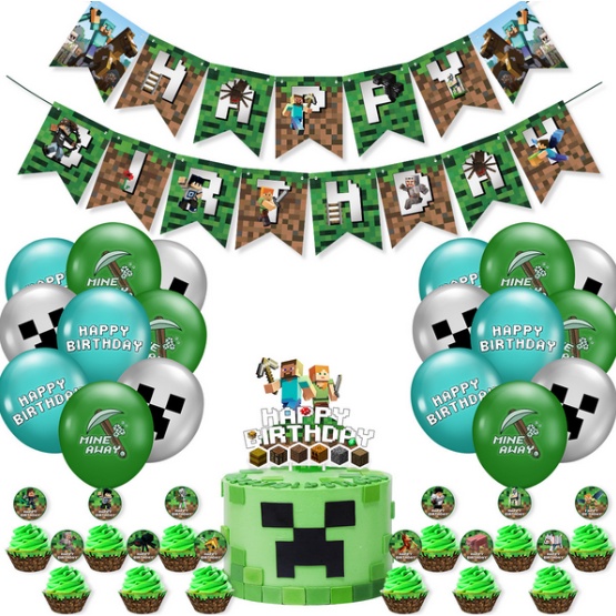 Minecraft birthday party decoration pull flag cake card balloon set ...