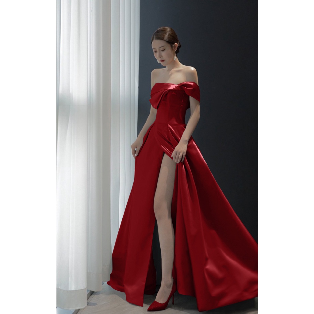 Light Blue Korean Split Long Birthday Party Evening Dress Elegant Satin ...