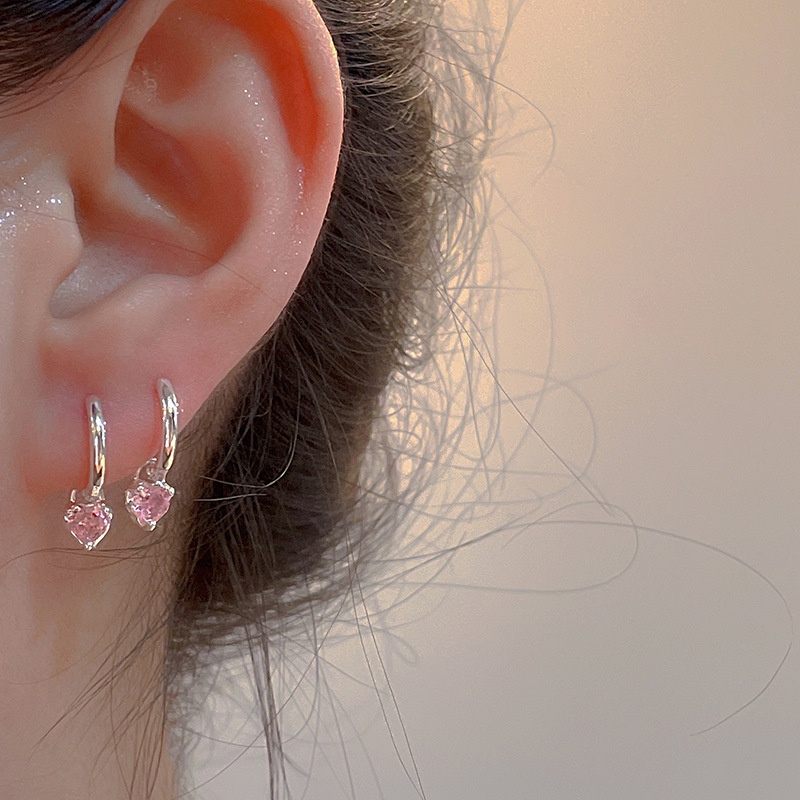 Sweet Cool Pink Zircon Love Heart Drop Earrings Girls Small Hoop ...