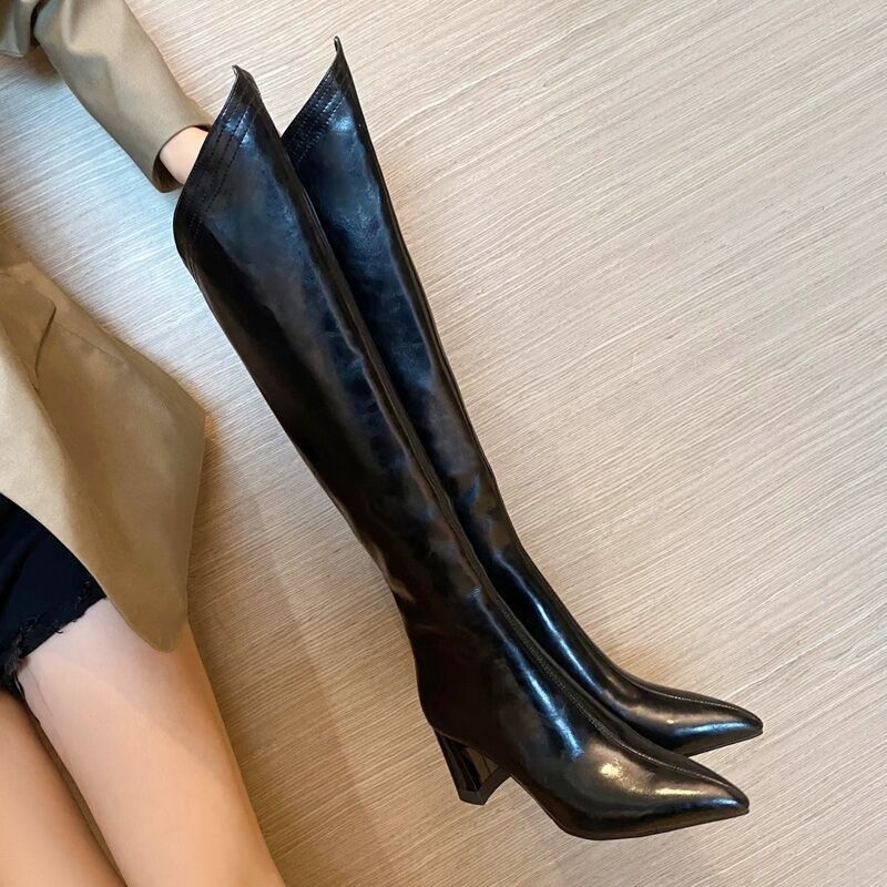 Pointed Toe Boots Women Thick High Heel Large Tube Circumference White Over-The-Knee Diagonal ...