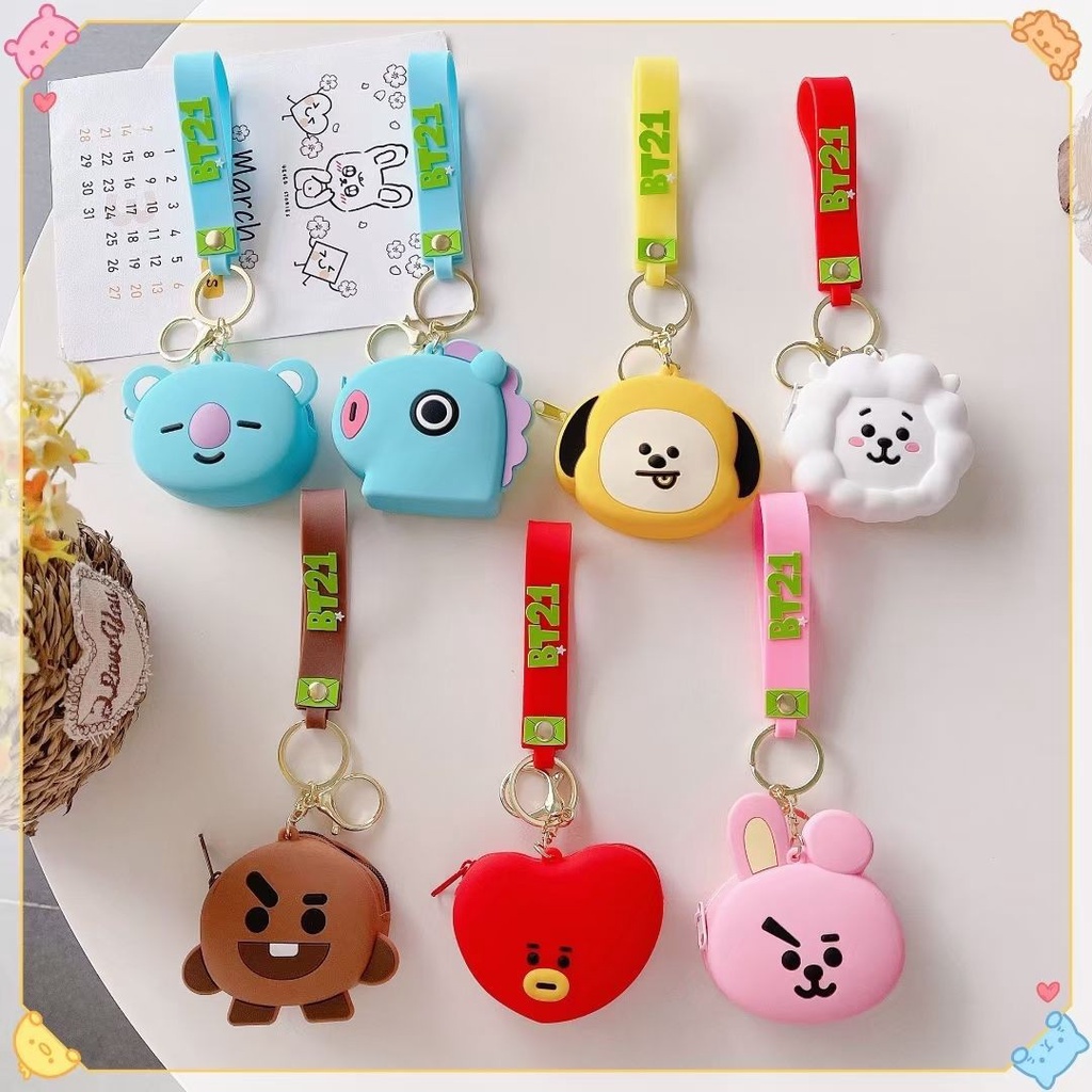 BTS BT21 Wallet Kpop Coin Purse Silicone Wallet Cute BTS Keychain Pendant Shooky Tata Cooky ...