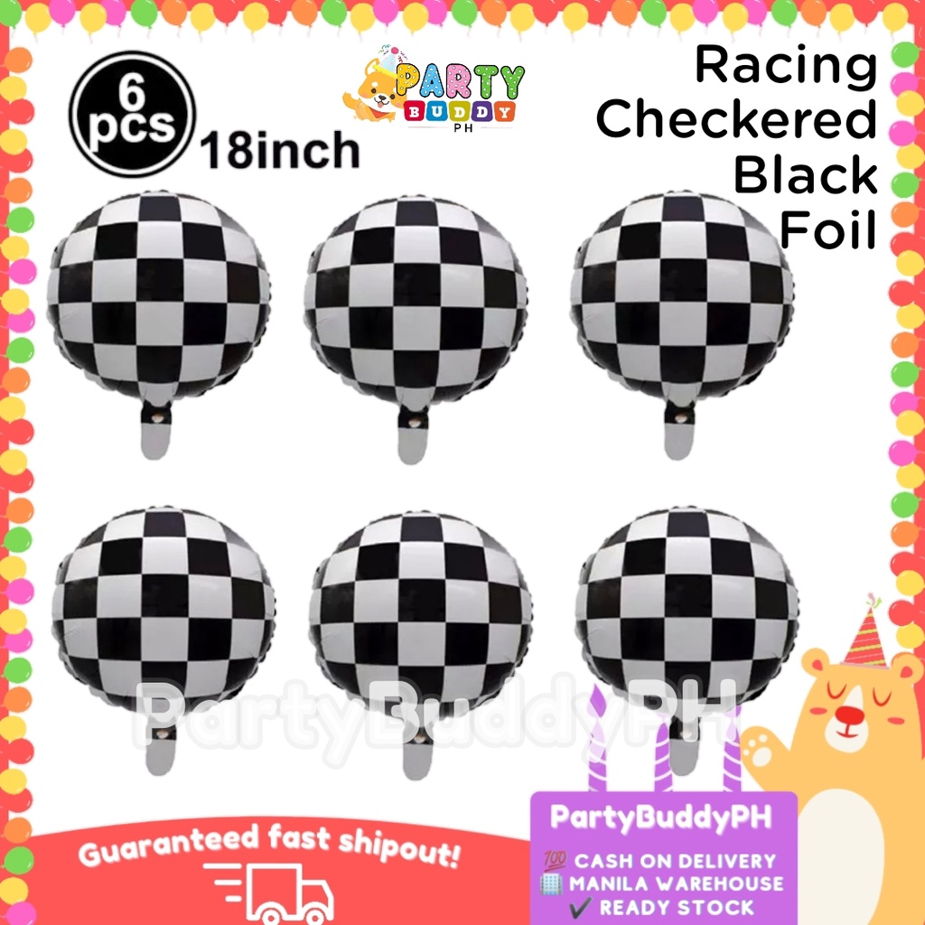 Racing Wheels Cars Checkered Black White Balloon Car Lootbag Banderitas ...