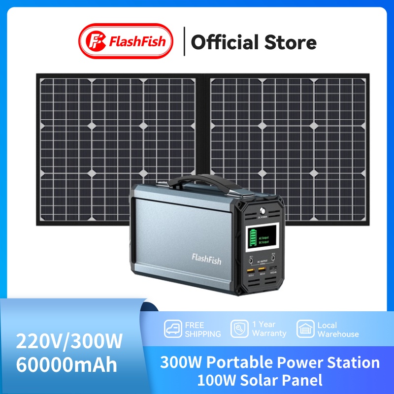 Flashfish 300W/60000mAh Solar Generator Portable Power Station with Solar Panel 100W Backup ...