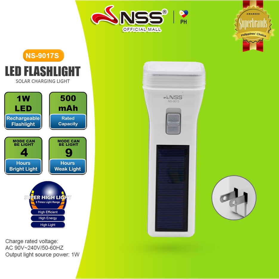 Nss solar Rechargeable Flashlight flash light built-in plug LED ...