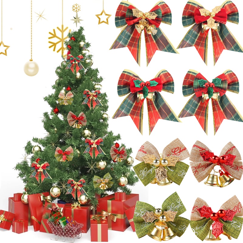 4PCS Christmas Bows with Bells Mini Bowknot DIY Craft Gift Ornaments ...