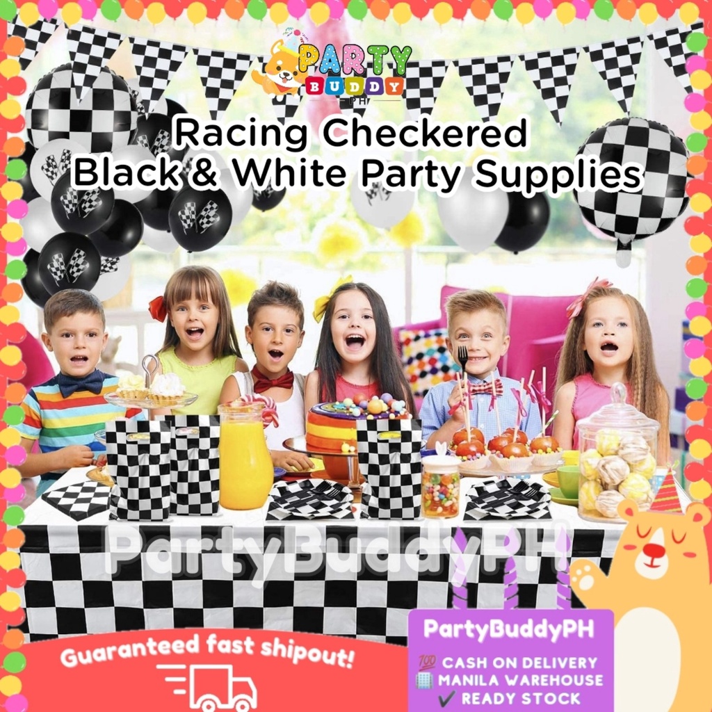 Racing Wheels Cars Checkered Black White Balloon Car Lootbag Banderitas ...