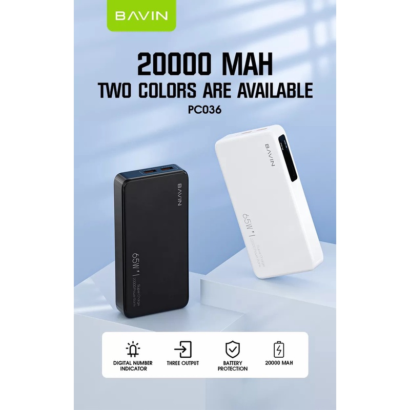 BAVIN PC036 PowerBank w/ 65w and QC 3.0 PD and Type C USB Input/Output ...