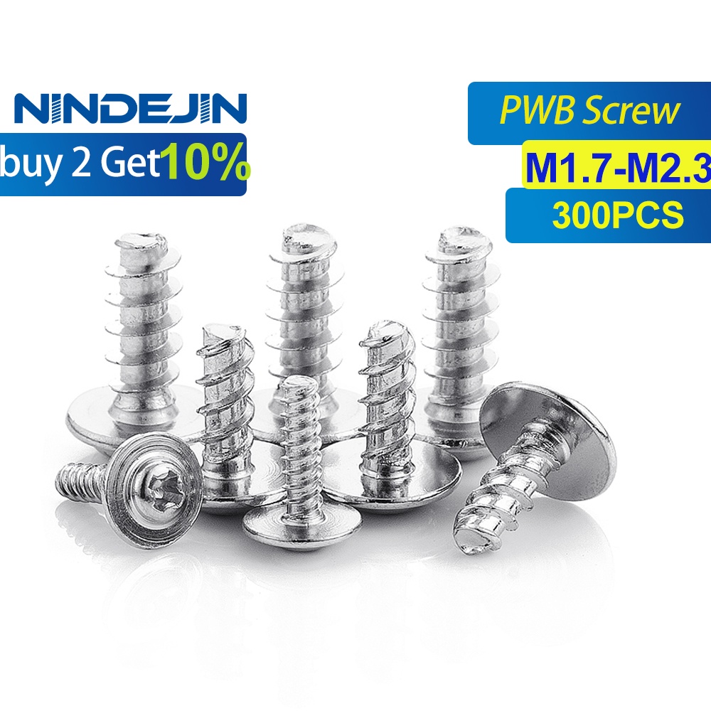 NINDEJIN 300Pcs Round Head With Washer Self- Tapping Screw M1.7 M2 M2.3 Nickel Plated Pan Head ...