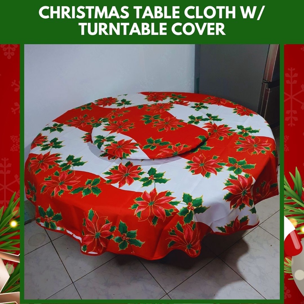Christmas Round Table Cloth with Lazy Susan Cover Red Poinsettia & Red ...