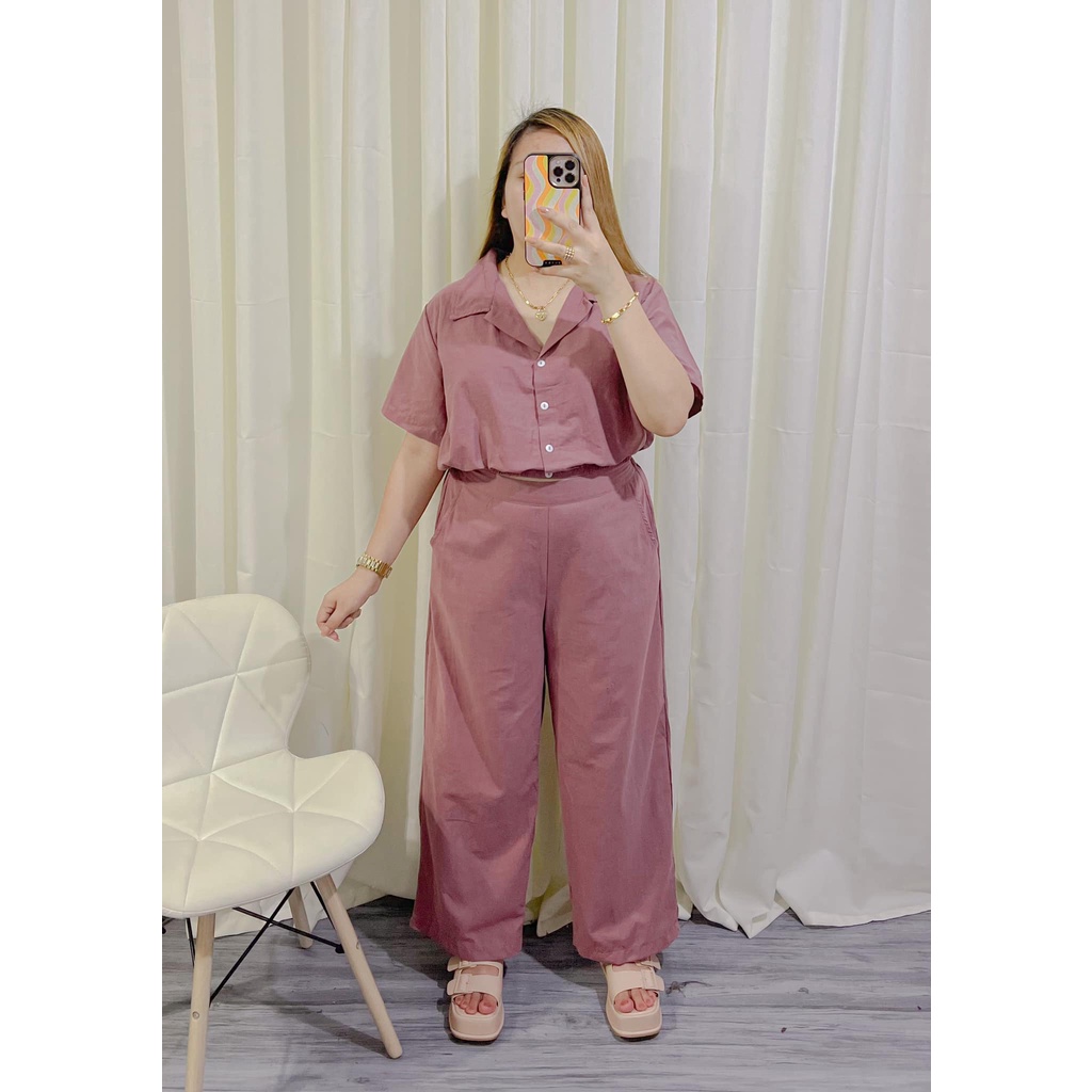 Cotton Linen Polo w/ Garterized Hem Semi Crop-top Squarepants Terno For ...