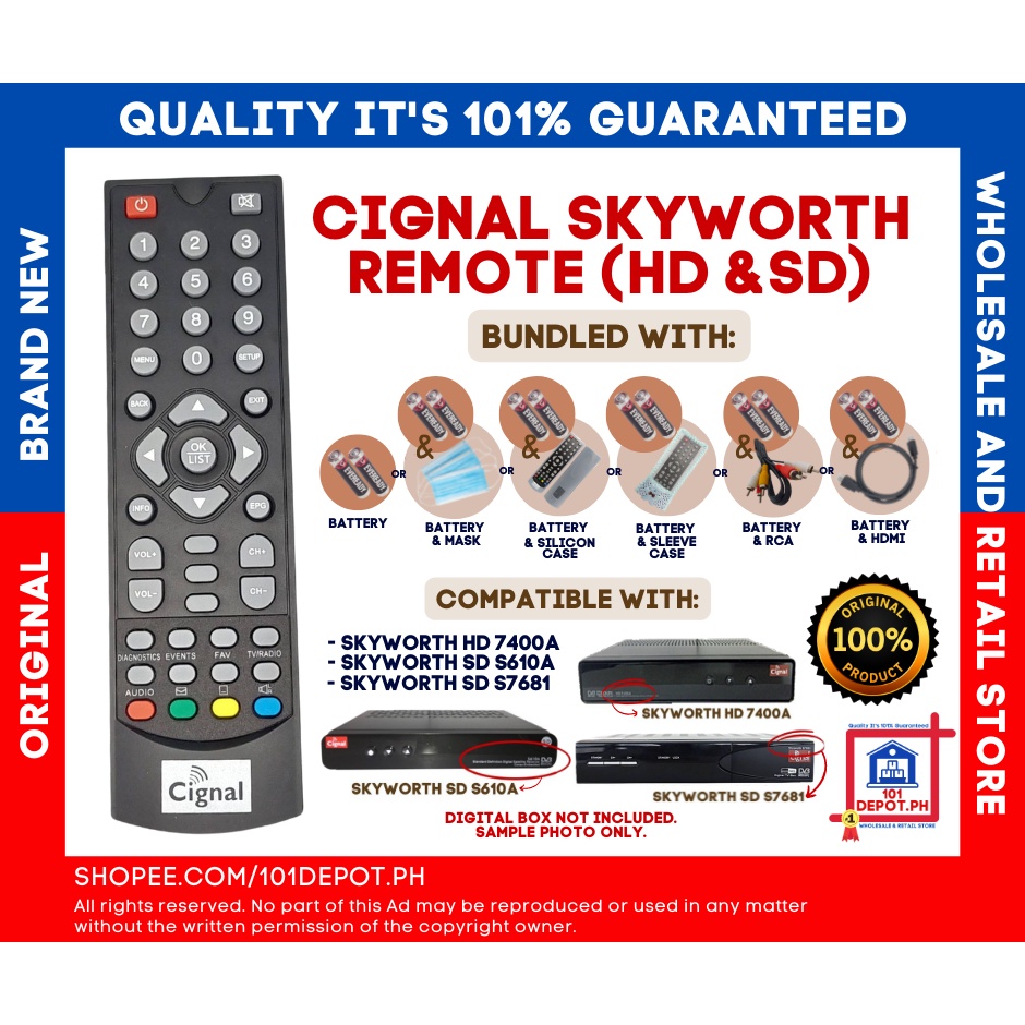 Cignal Remote Skyworth (HD & SD) Compatible w/ 7400A, S610A & S7681 ...