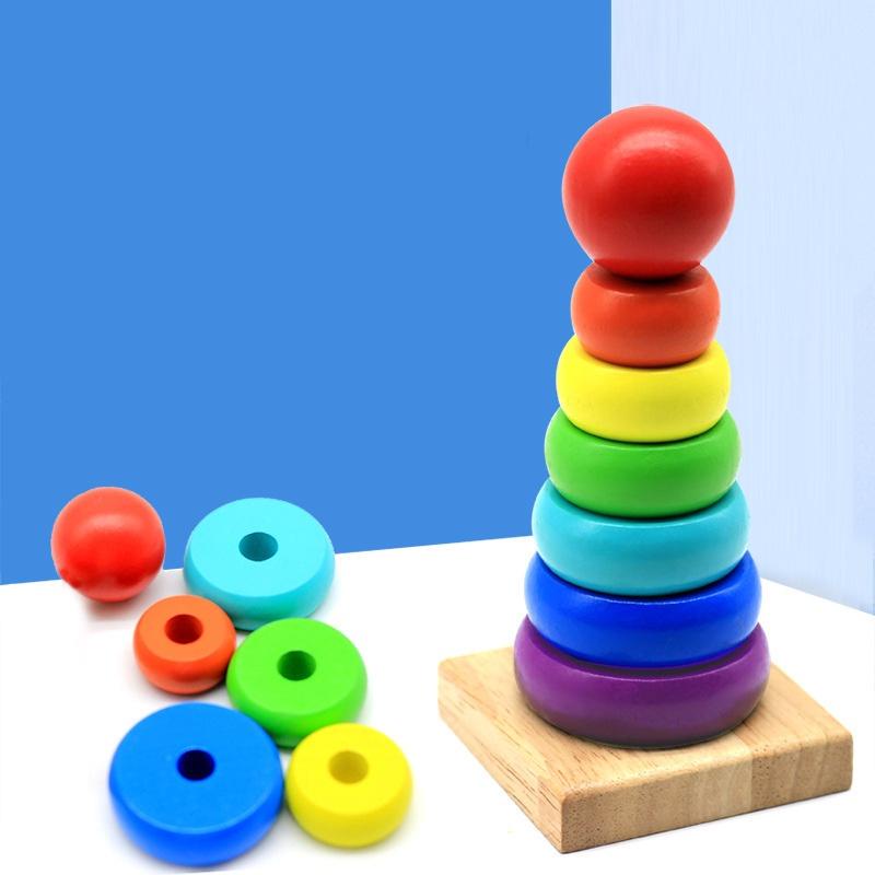 Smart toy multicolored wooden round stacking tower for baby montessori ...